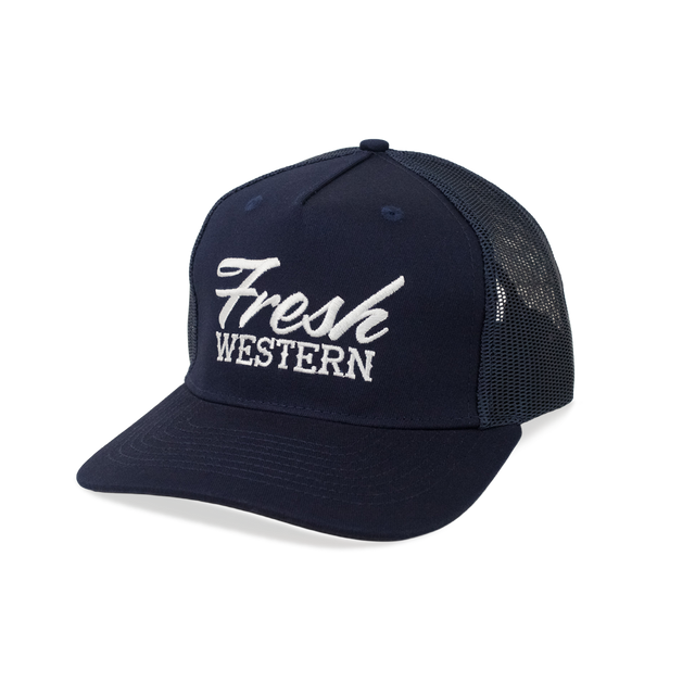 Fresh Western 5-Panel Trucker Hat – Mid Profile Navy Mesh Back